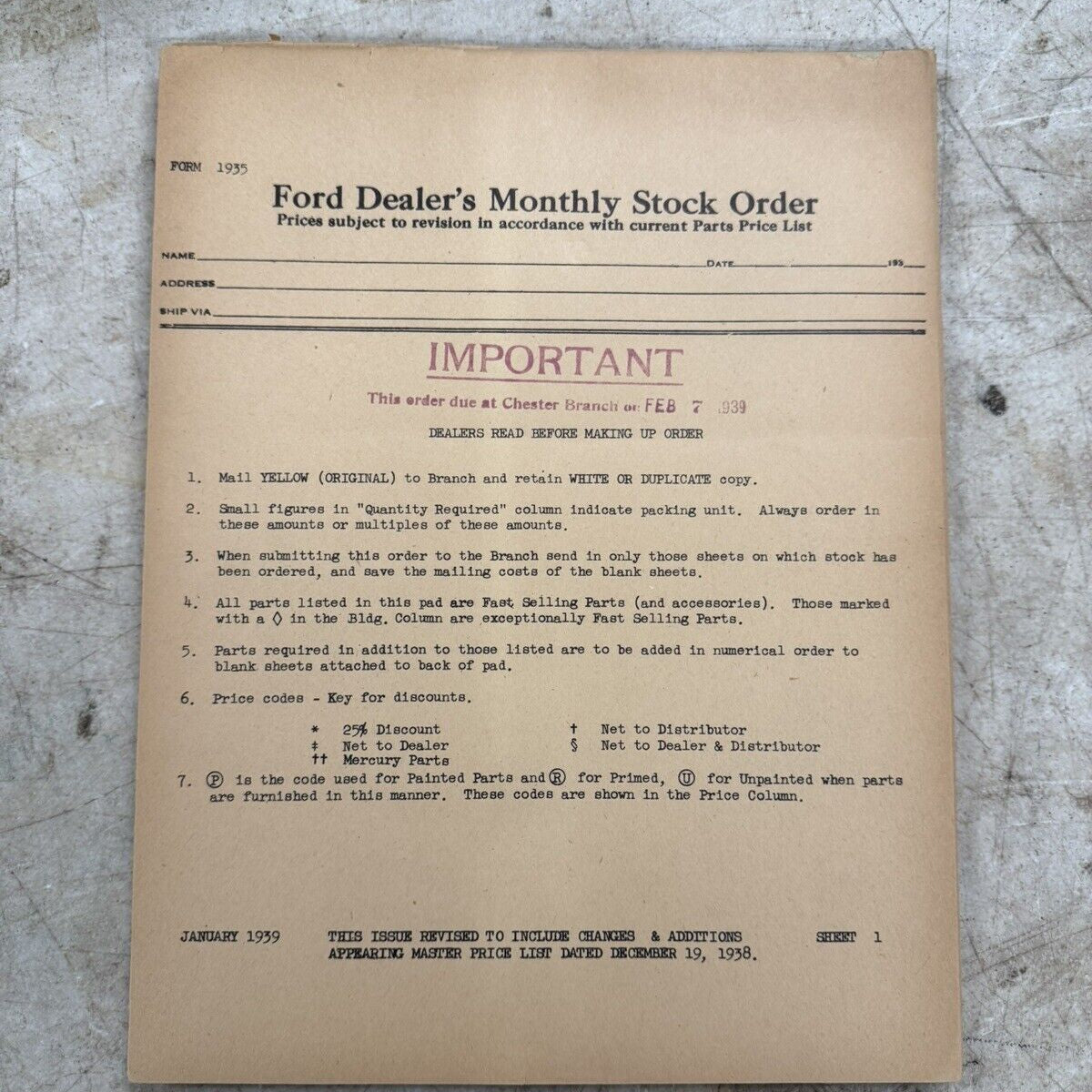 1938 Ford Dealers Monthly Stock Order Forms Pennsylvania Dealership Ch ...
