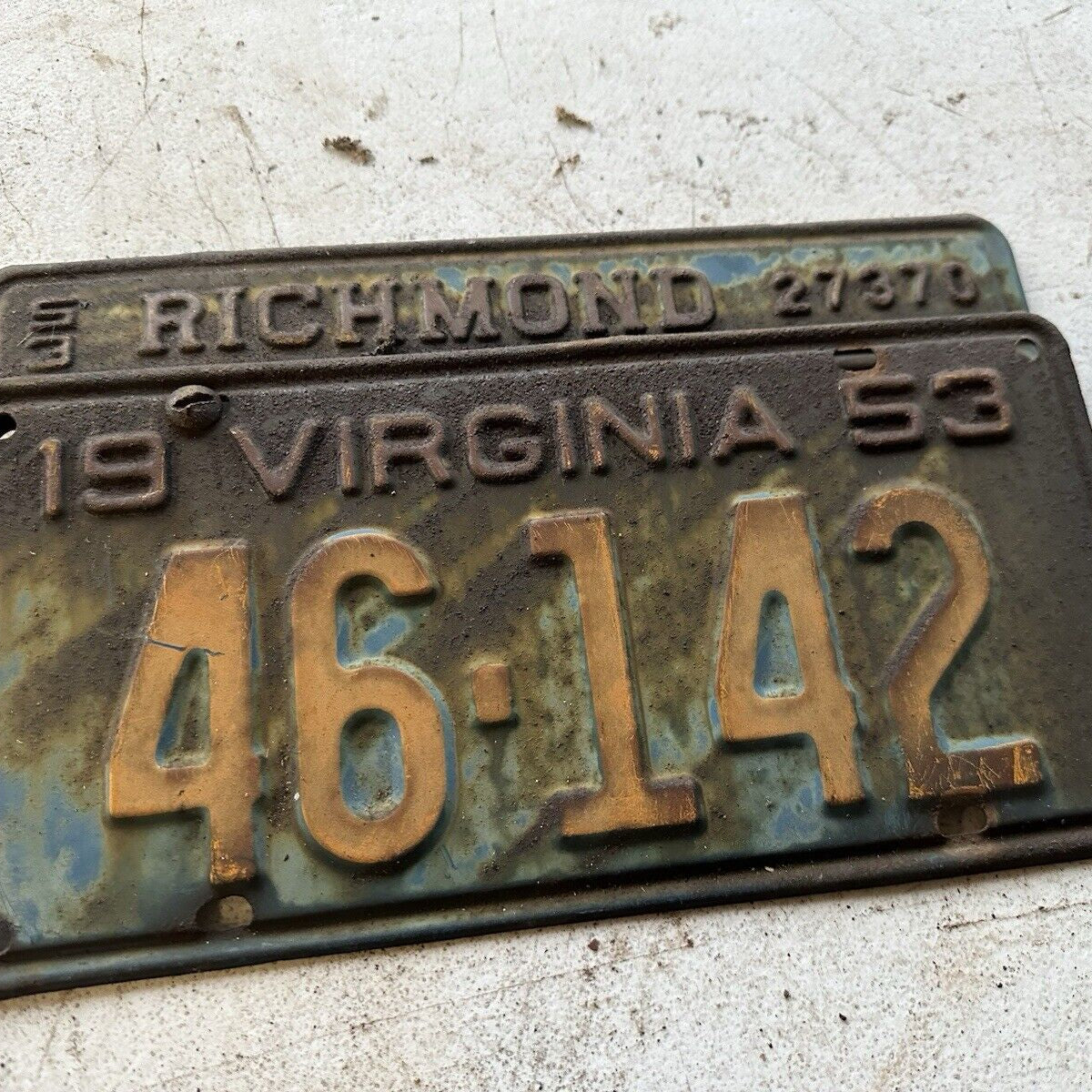 Vintage 1953 Virginia License Plate 46-142 Richmond Topper 27370 – Iron ...