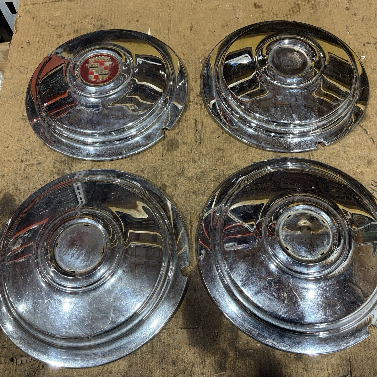 FOUR 1941 1942 1946 Unmolested CADILLAC HUBCAPS 14" diameter for 15" w ...