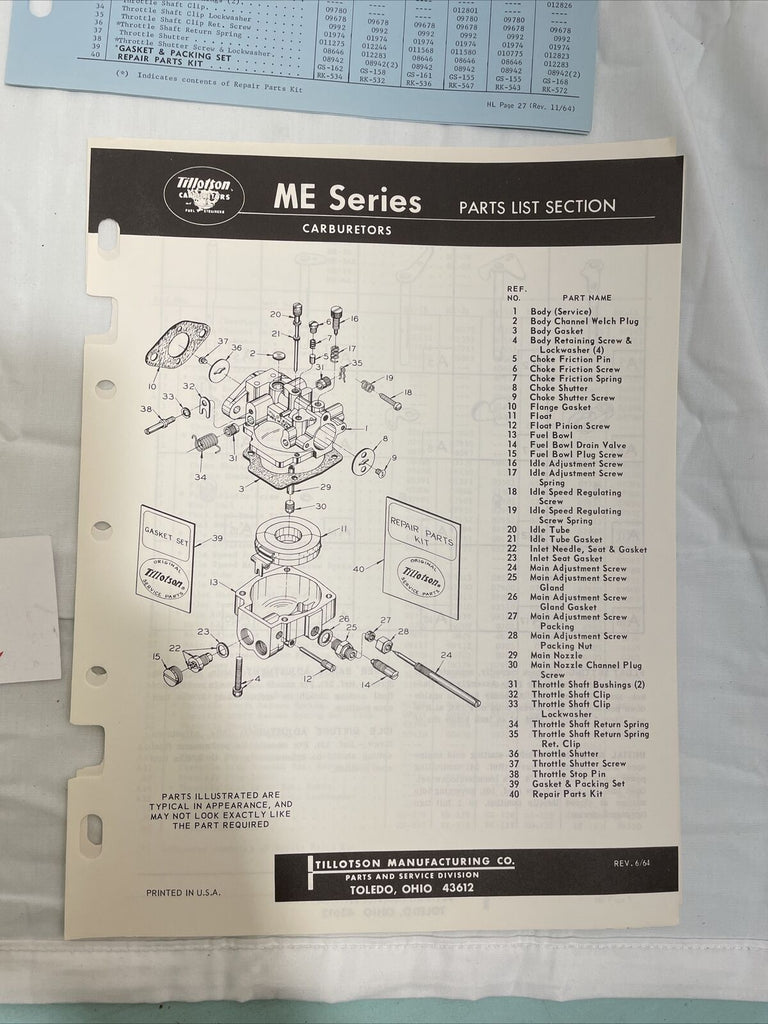 Tillotson Carburetor 1965 Service Data Sheets #41 – Iron Trap Garage